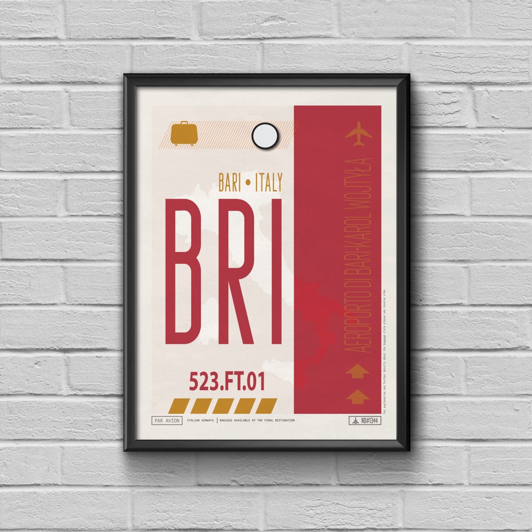 Bari Airport Tag, Italy Travel Poster, BRI Airport Code, Vintage Poster ...