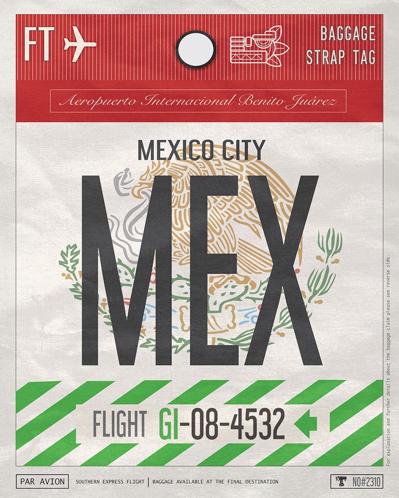 Mexico City Print Luggage Tag Art Mexico Framed Travel Decor - Etsy