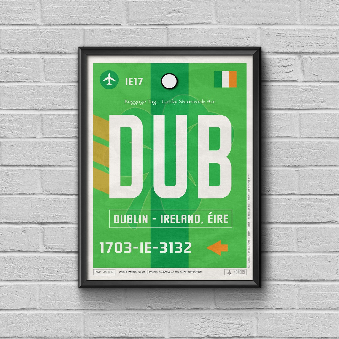 Dublin Airport Tag, Ireland Travel Poster, DUB Airport Code, Shamrock ...