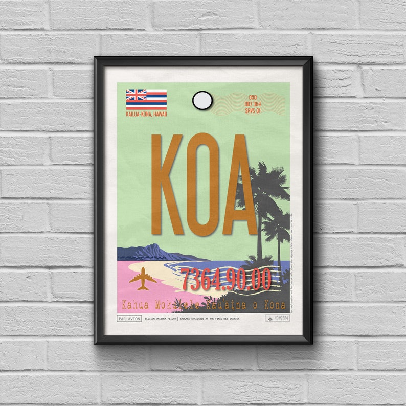 Kailua Kona Airport Tag Hawaii Travel Poster KOA Airport - Etsy