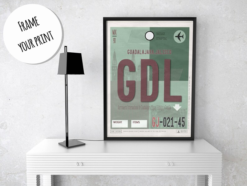 Guadalajara Airport Tag Mexico GDL - Vintage Luggage Souvenir Poster ...