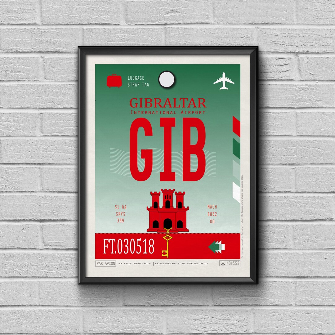 Gibraltar Airport Tag, GIB Airport Code, Vintage Poster, Travel Art ...