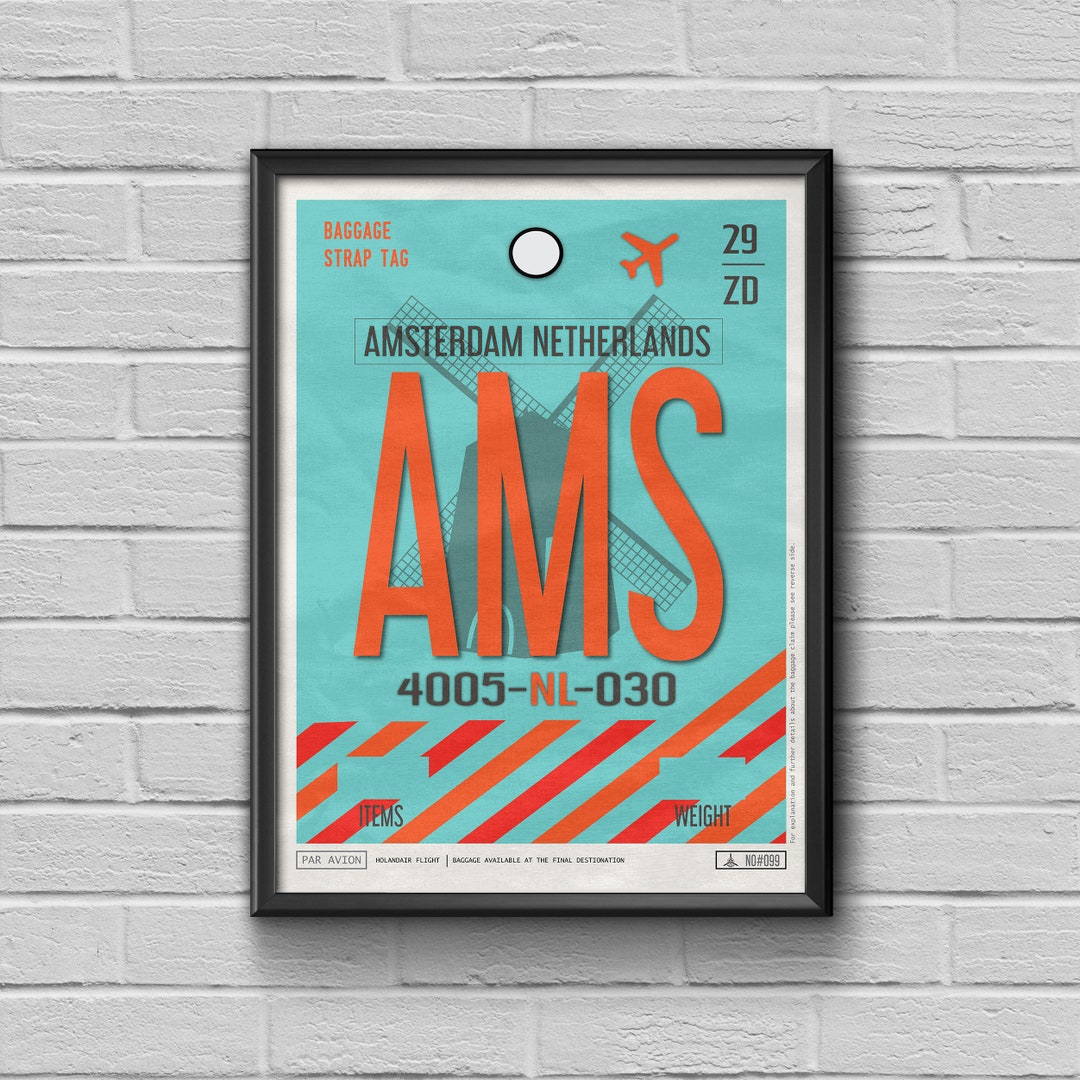 Amsterdam Airport Tag, Netherlands Travel Poster, AMS Airport Code ...