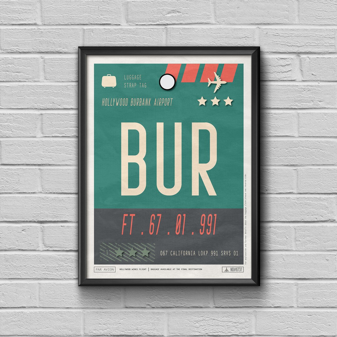 Burbank Airport Tag, Hollywood Travel Poster, BUR Airport Code, Framed ...
