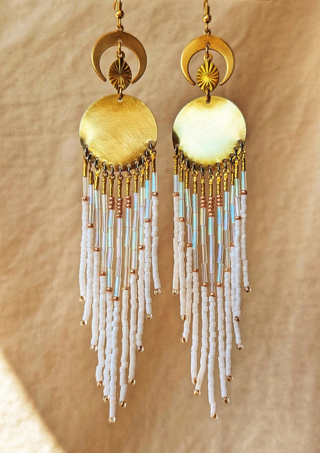 Crescent Moon White Beaded Earrings With Gold Accents | 6 In. Long ...