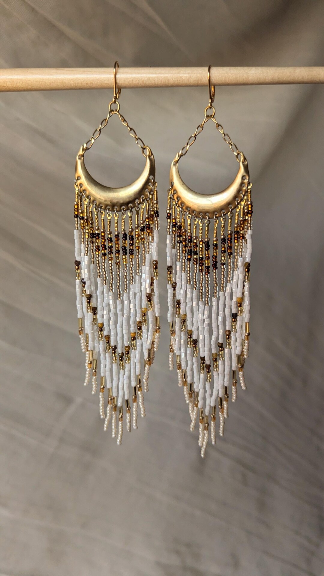 Luna Dorada: Gold Boho Beaded Moon Earrings| 6.5 In. Long | Artisan ...