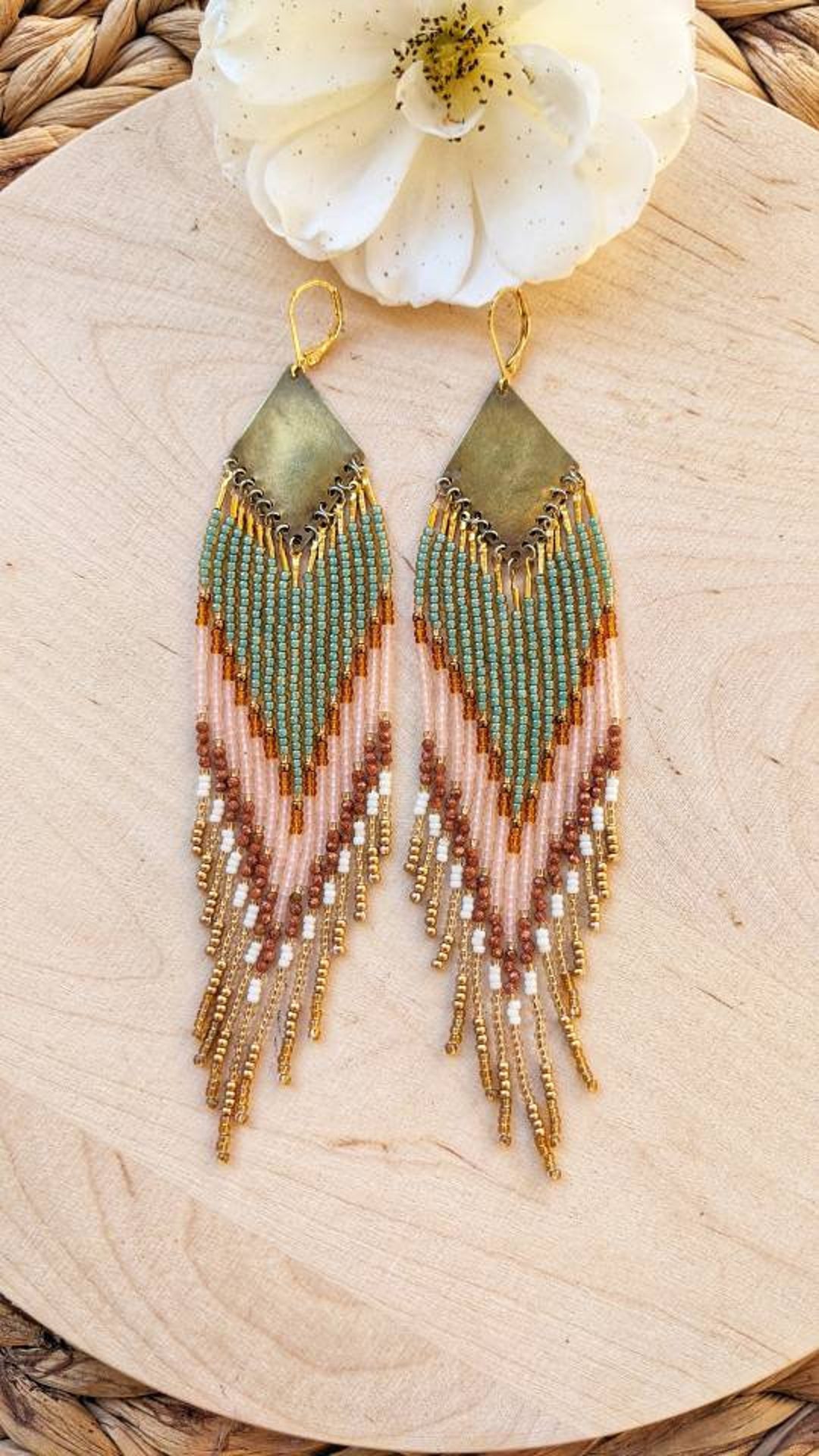 Unique Seed Bead Earrings With Sandstone | Native Inspired | 6 In. Long ...