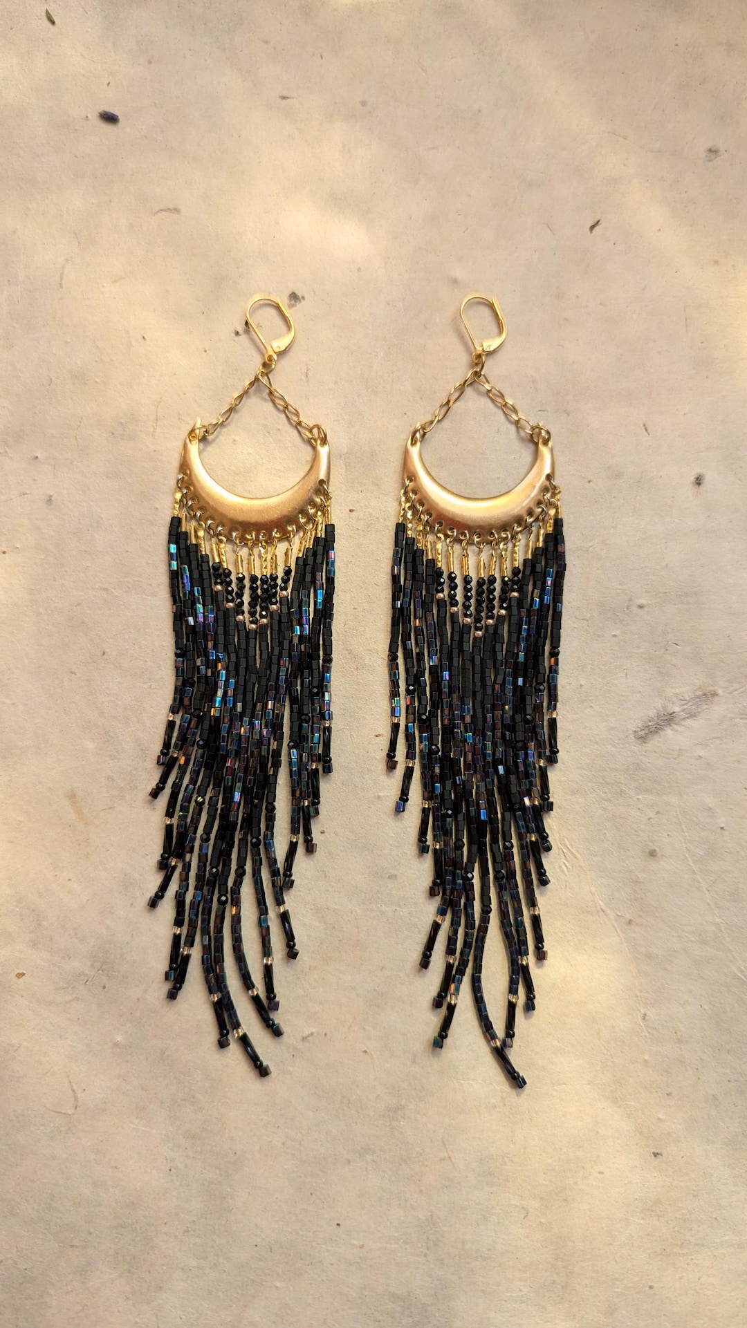 Dark Mystique: Black Boho Beaded Moon Earrings 7 In. Long Artisan ...