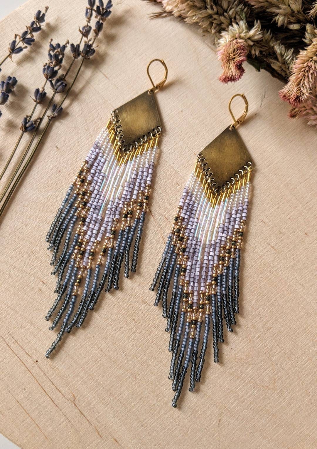 Smoky Blue Pyrite Stone Seed Bead Earrings | Iridescent Earrings | 5.5 ...