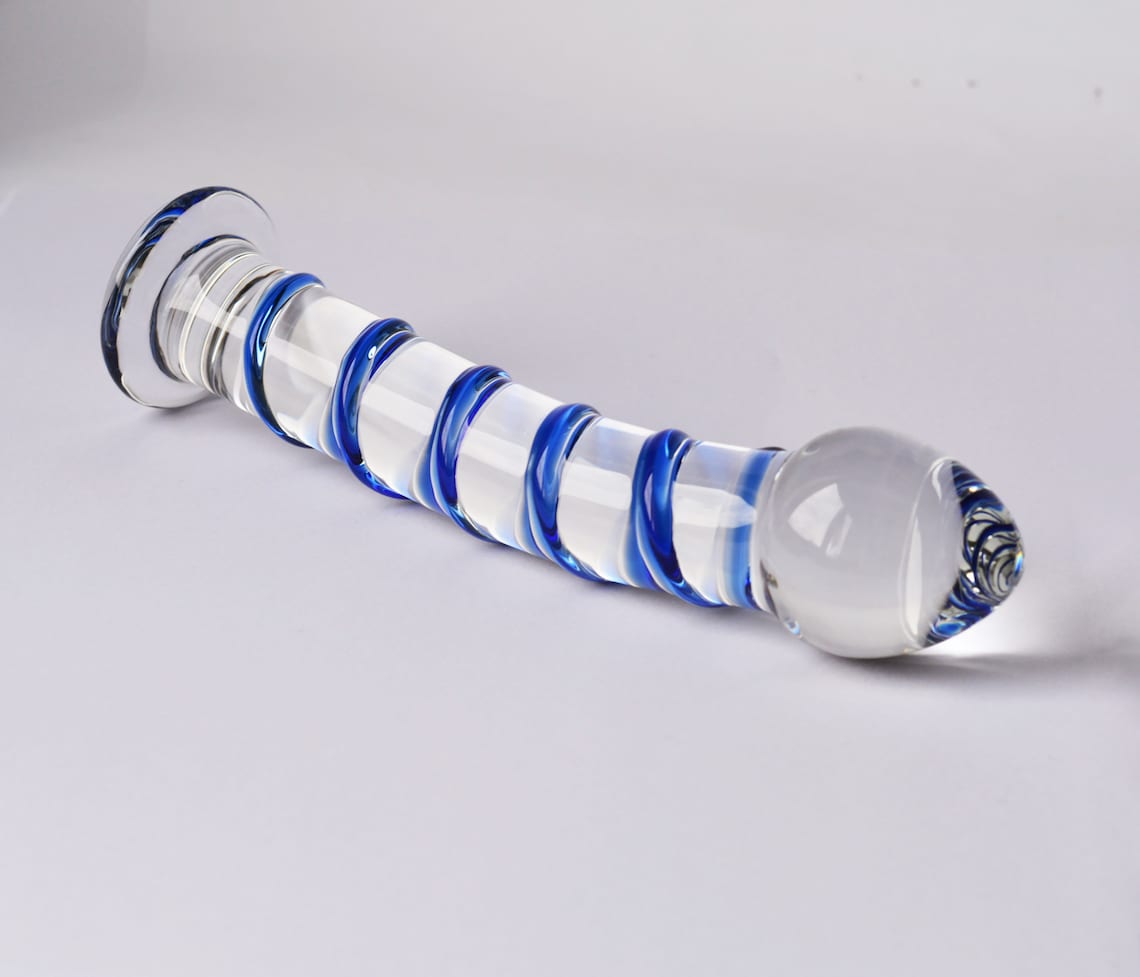 Ribbed Clear Glass Wand Dildo Blue Spiral Glass Wand Adult Sex Etsy