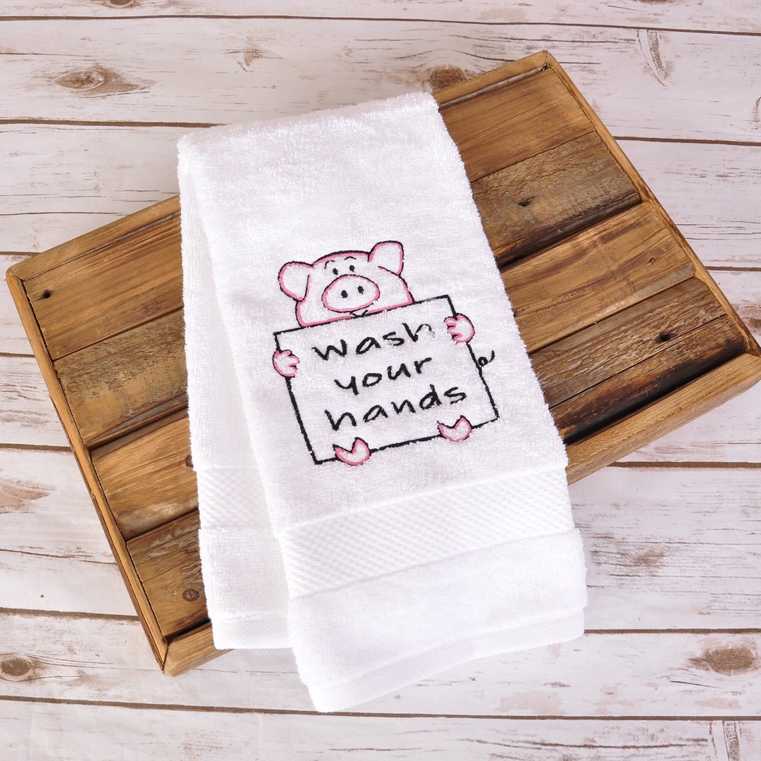 Embroidered Pig Hand Towel: Cotton Bath Decor, Pig Lover Gift - Etsy