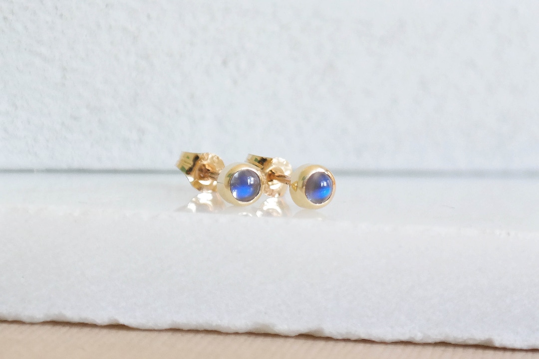 9ct Gold Rainbow Moonstone Stud Earrings, Dainty Gold Moonstone Studs ...