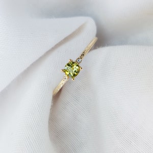 Solid Gold Peridot Ring With Diamond/ Peridot Engagement Ring/ Promise Ring for Women/ August ...