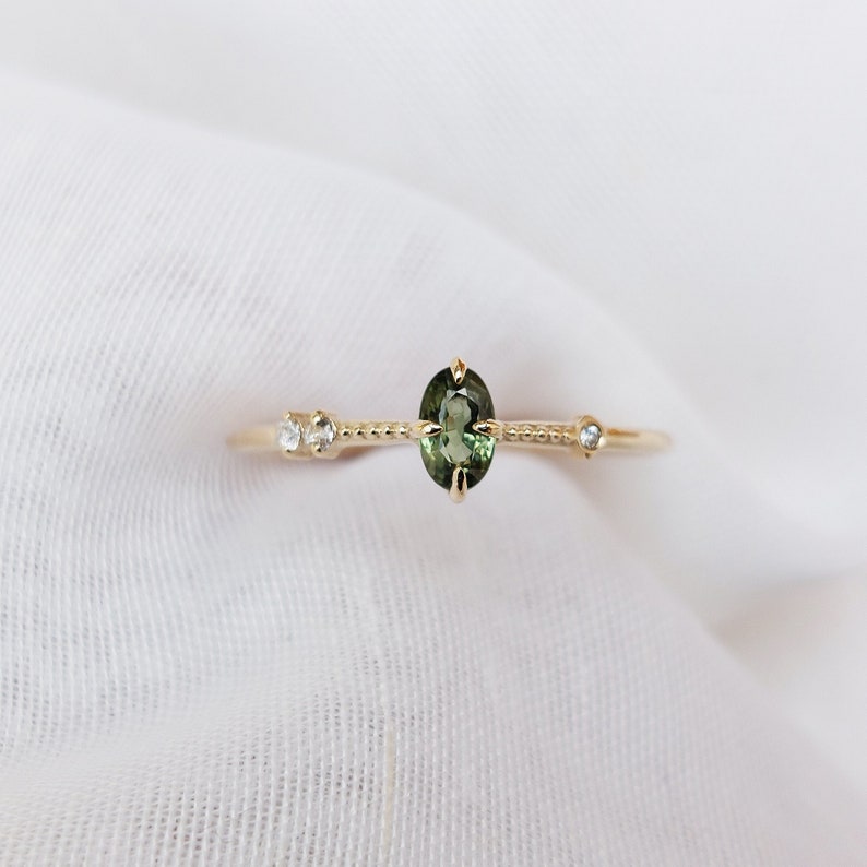 Green Sapphire Diamond 9K Gold Engagement Ring, Delicate Solitaire - Etsy