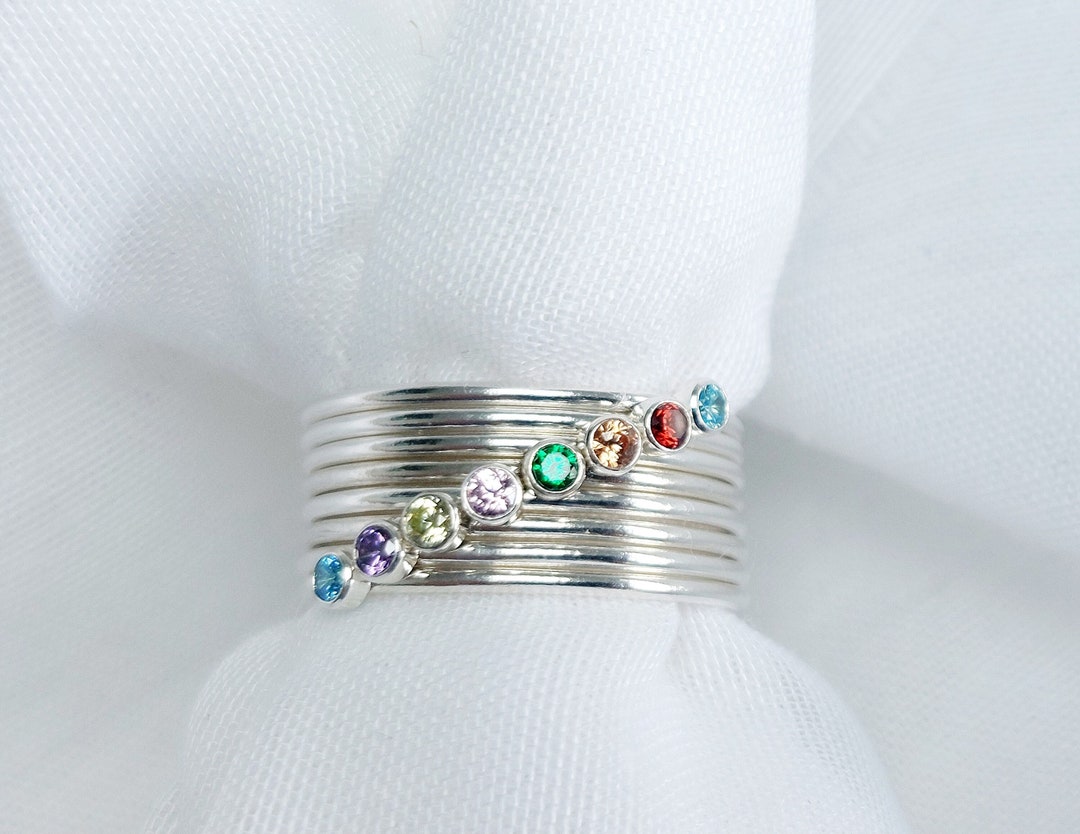 Handmade Birthstone Stacking Ring in Sterling Silver, UK Made, Faceted ...