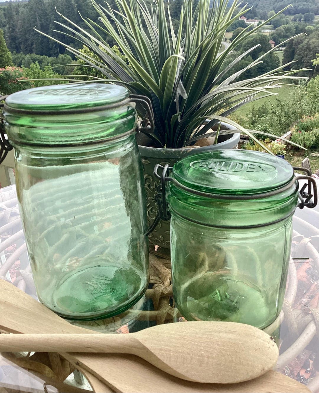 Pair Vintage French Green Glass Preserving Storage Canning Jars 1950s ...
