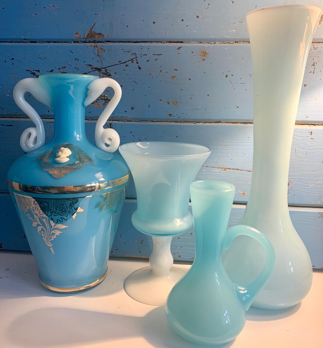 Set 4 Four Vintage French Turquoise Blue Opaline Milk Glass Vases - Etsy