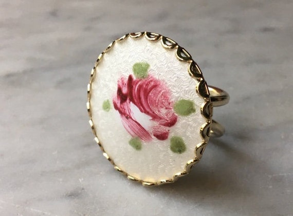 Vintage Large Enamel Pink Rose Flower Statement Ring … - Gem