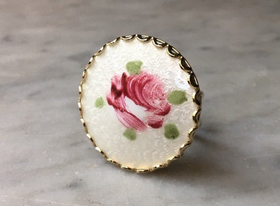 Vintage Large Enamel Pink Rose Flower Statement Ring … - Gem