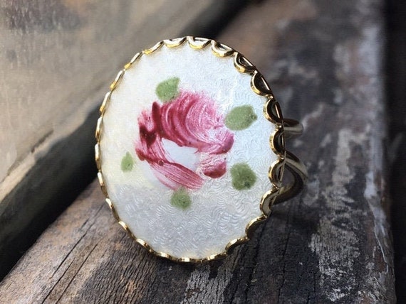 Vintage Large Enamel Pink Rose Flower Statement Ring … - Gem