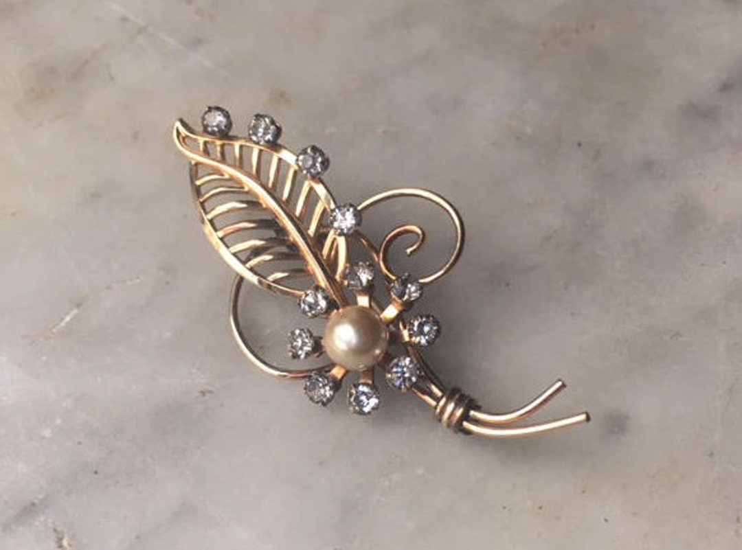 Vintage 12K GoldFilled Van Dell Flower Swirl Leaf Brooch Pin Rhinestone Champagne Pearl // 12 ...