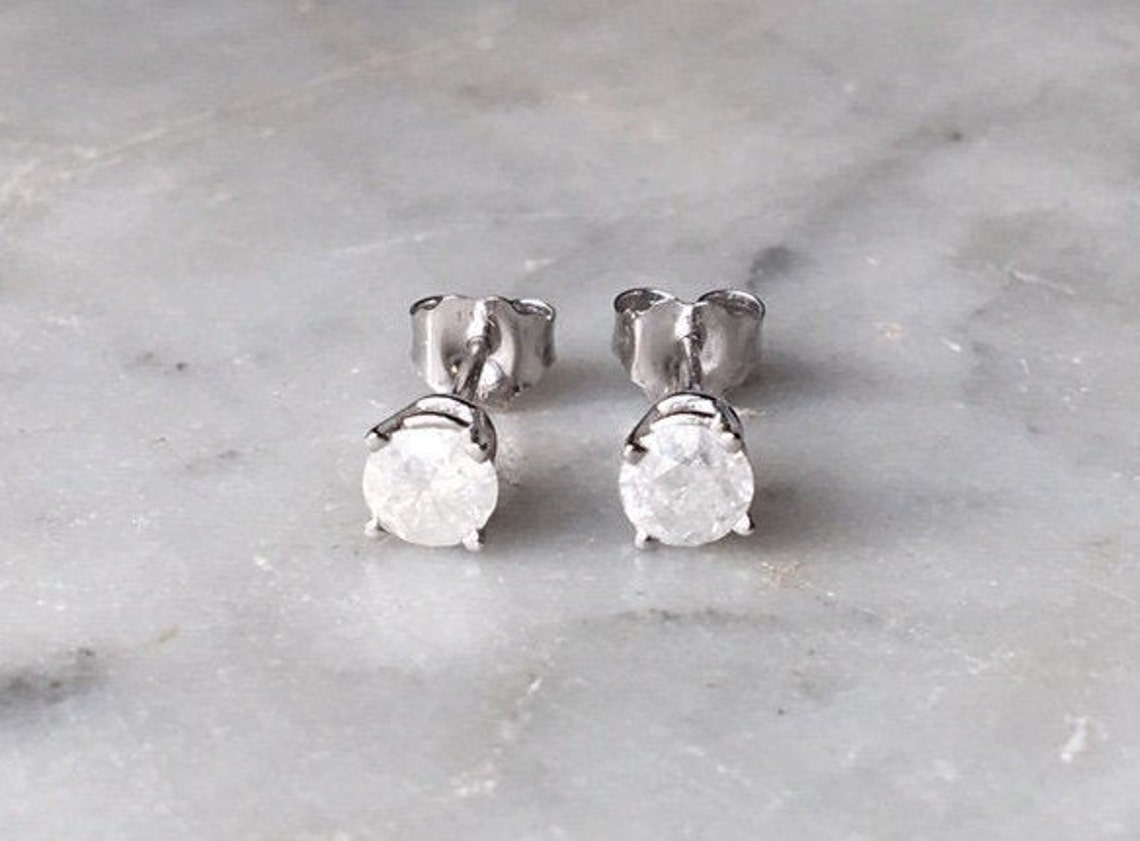 Vintage 14K White Gold Diamond Solitaire Gem Stone Pierced - Etsy