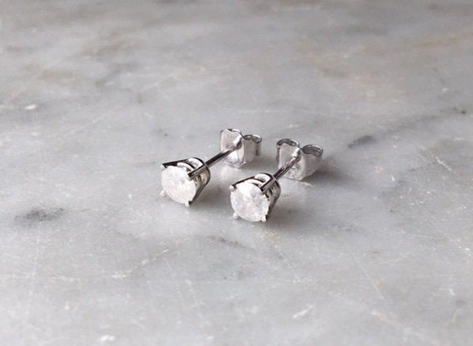 Vintage 14K White Gold Diamond Solitaire Gem Stone Pierced - Etsy