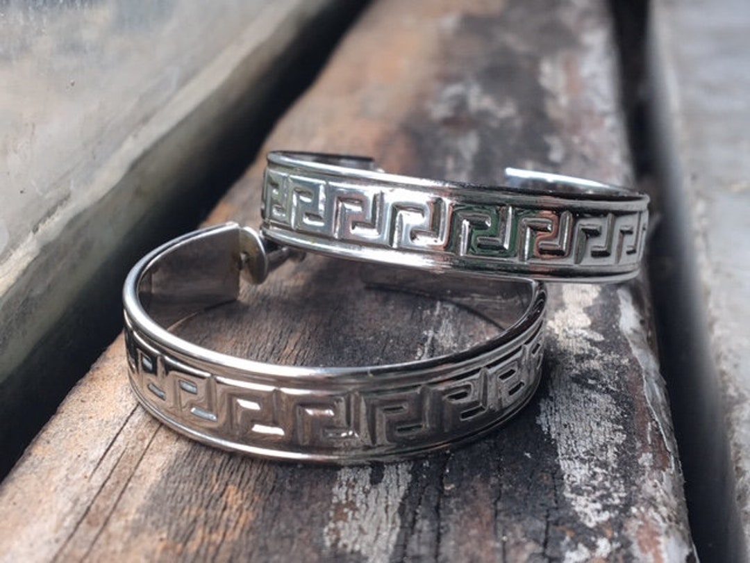 Vintage Silver Tone Greek Key Meander Pierced Open Hoop Earrings 35mm ...