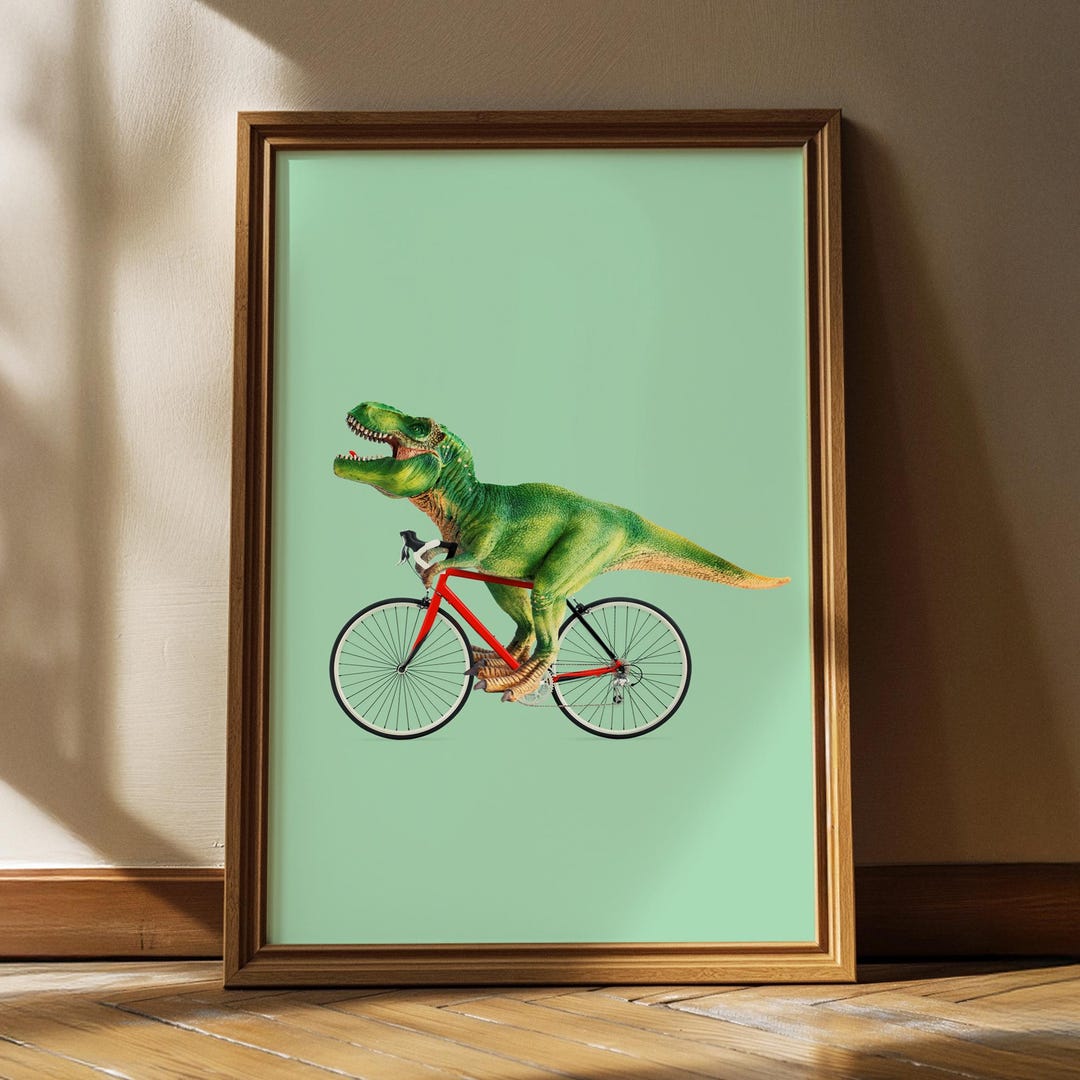 Dino Bike Poster – T-rex Riding a Bike, Playful Pop Art Print by Jonas ...