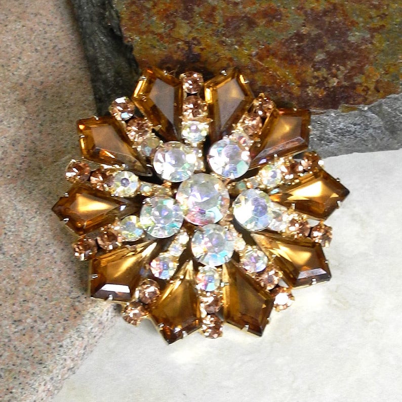 Large Rhinestone Brooch - Vintage Rhinestone Brooch - Vintage Topaz ...