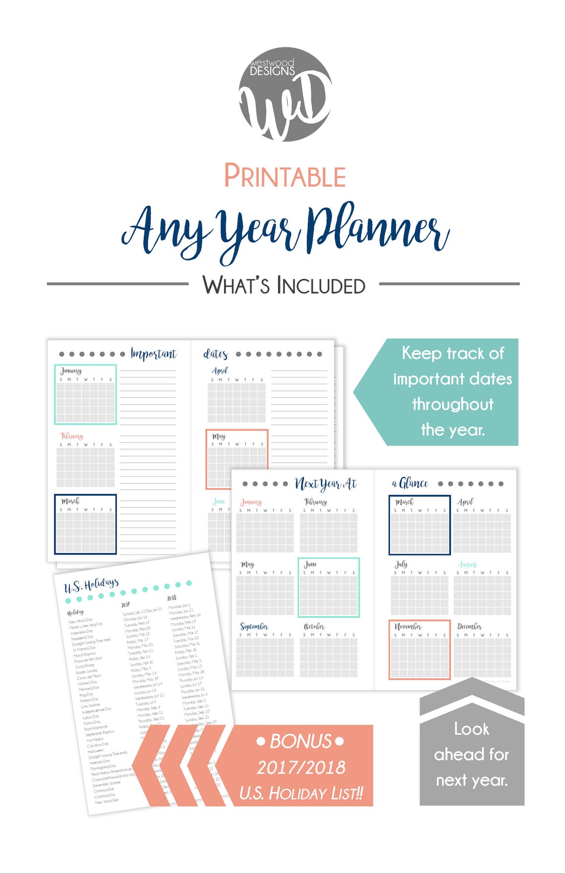 Printable, Any Year Planner, Custom Planner, Printable Planner Pages ...