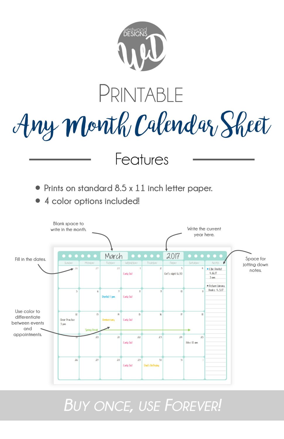 Any Month Printable Calendar Sheet - Etsy