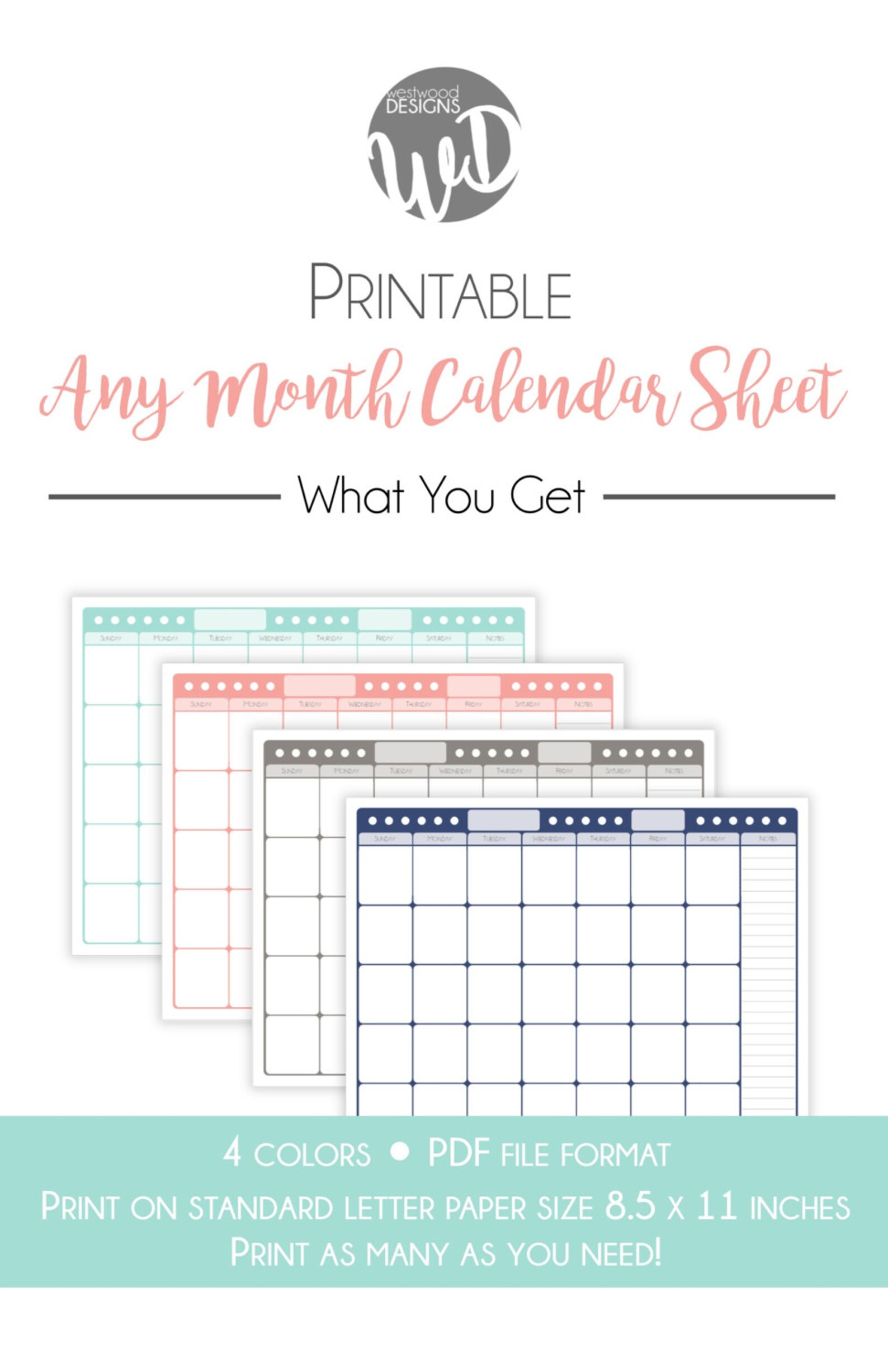 Any Month Printable Calendar Sheet - Etsy