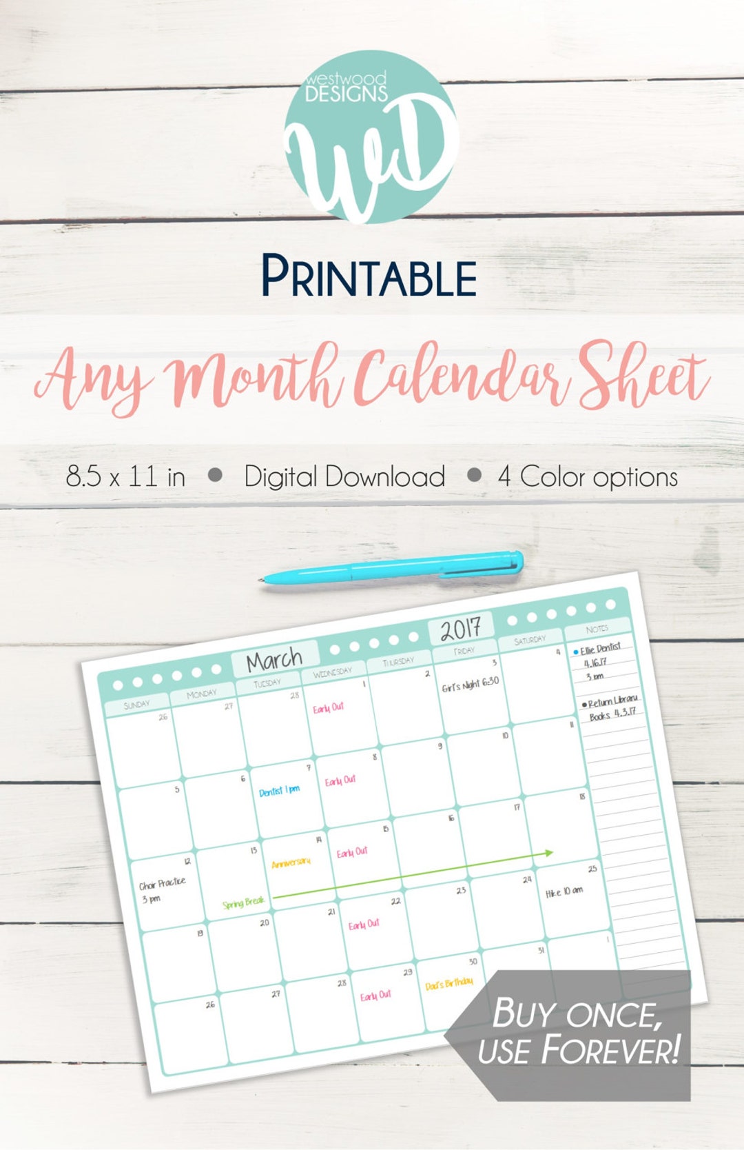 Any Month Printable Calendar Sheet - Etsy