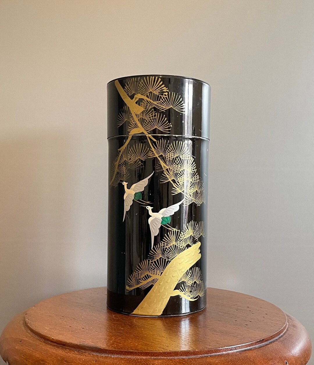 Old and Rare Japanese Tea Box in Painted Metal Decorated With 2 Golden ...