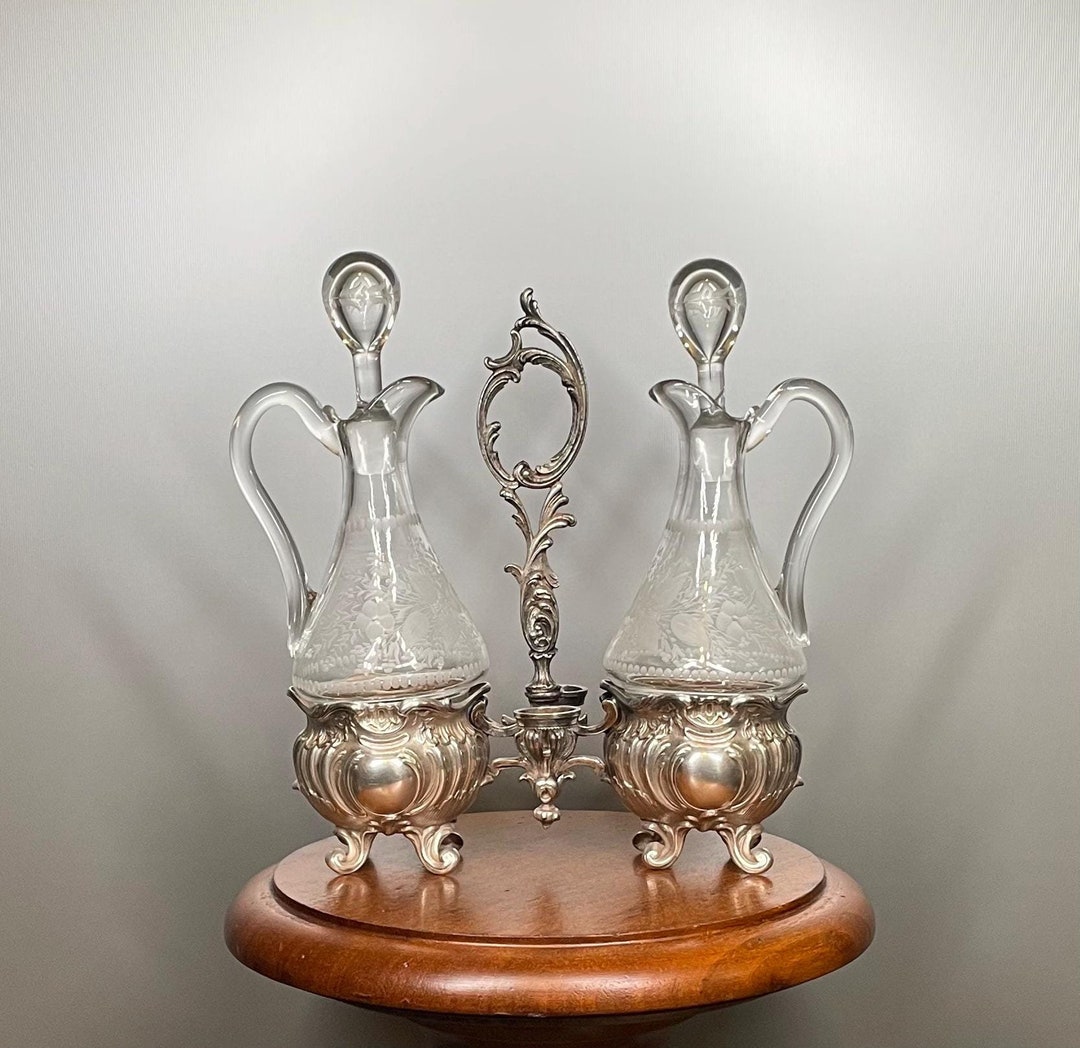 Antique and Rare Low Oil and Vinegar Cruet Silver Plated Metal Carafes ...