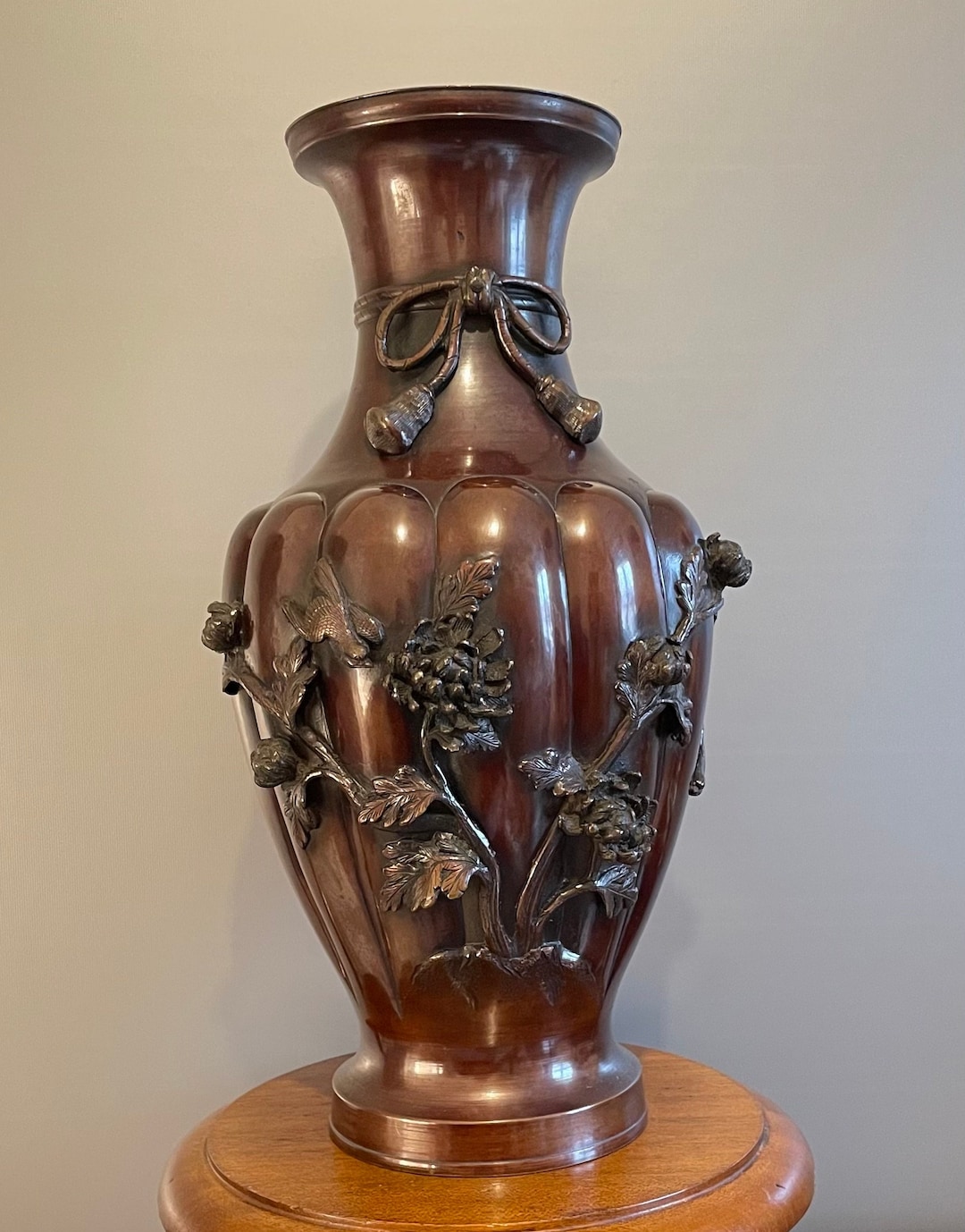 Antique and Rare Japanese Bronze Vase With Brown Patina Decorated With ...