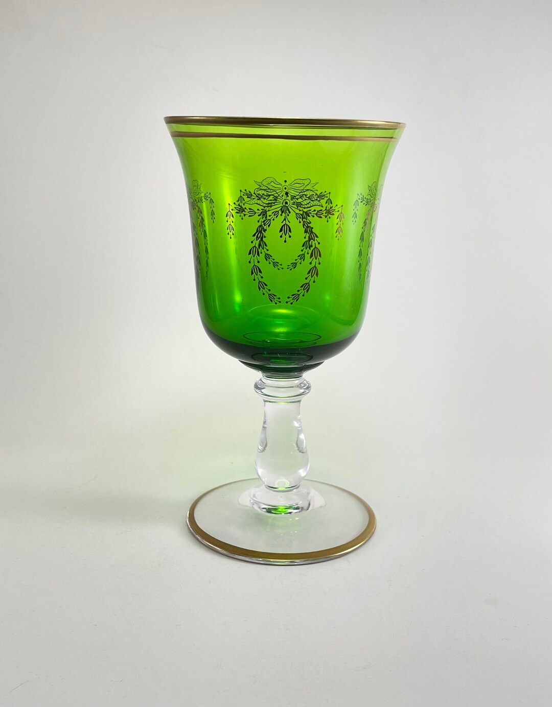 Antique and Rare Large Stemmed Glass in Green and Gold, Decorated With ...