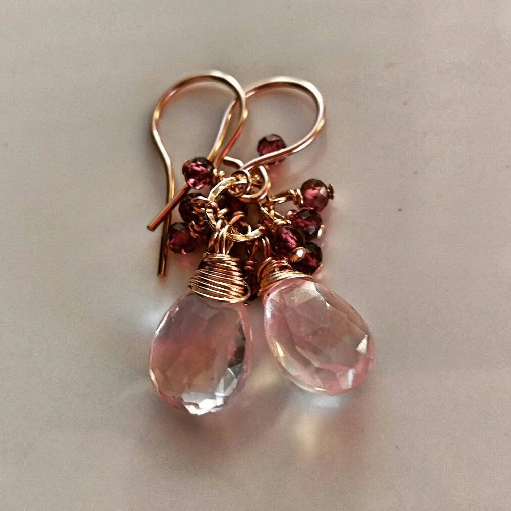Rose Quartz in Rose Gold and Garnet Clusters. Dangle and Drop Earrings ...