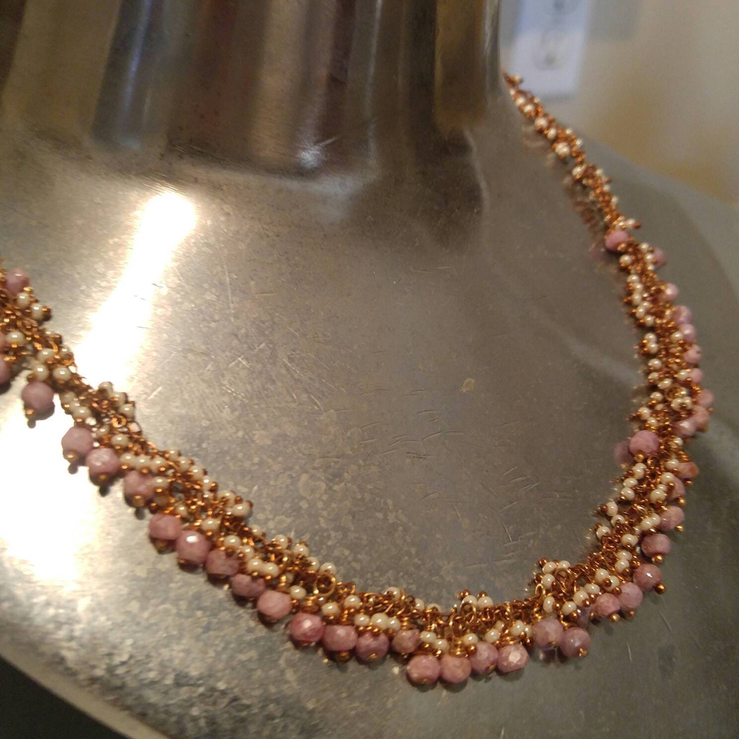 Pink Sapphire Necklace, White Cluster Pearl Necklace, Rose Gold ...