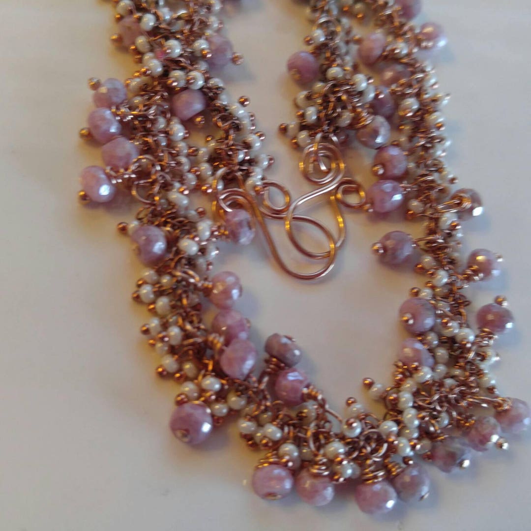 Pink Sapphire Necklace, White Cluster Pearl Necklace, Rose Gold ...