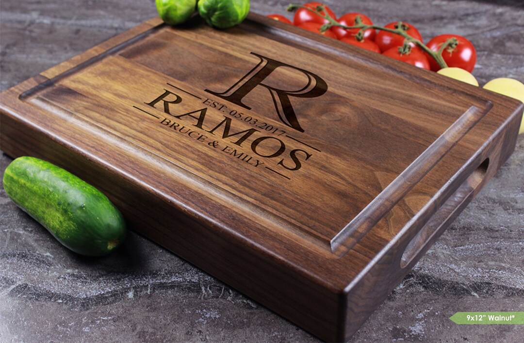 Personalized, Engraved Chopping Block With Modern Initial and Names for ...