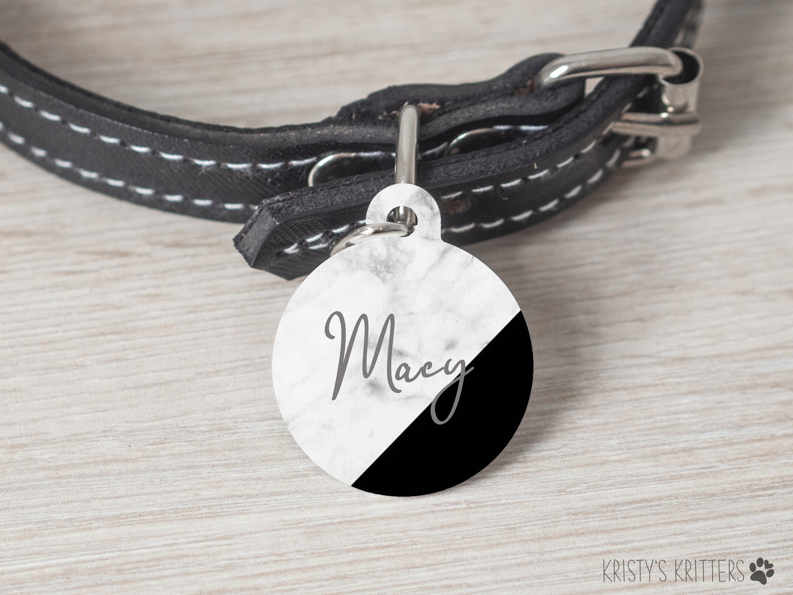 White Marble Black Dog Tag Pet ID Tag Two Sided Design Two | Etsy