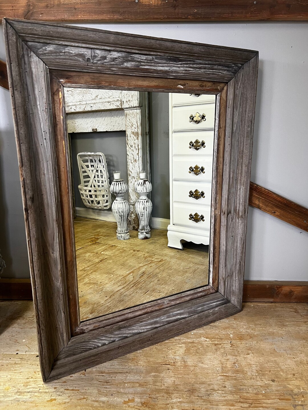 Vintage Rectangular Barnwood Framed Mirror Please Note Shipping Is Not