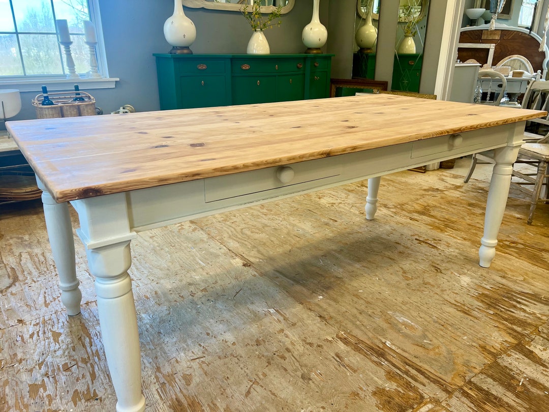 6 1/2 Foot Farm Table With Drawers Natural Top With off White Base ...