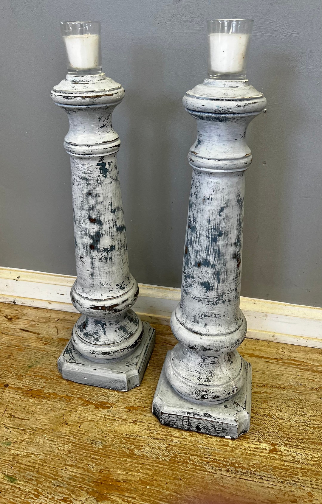 Large Chunky Painted and Distressed Pair of Candlesticks - Etsy