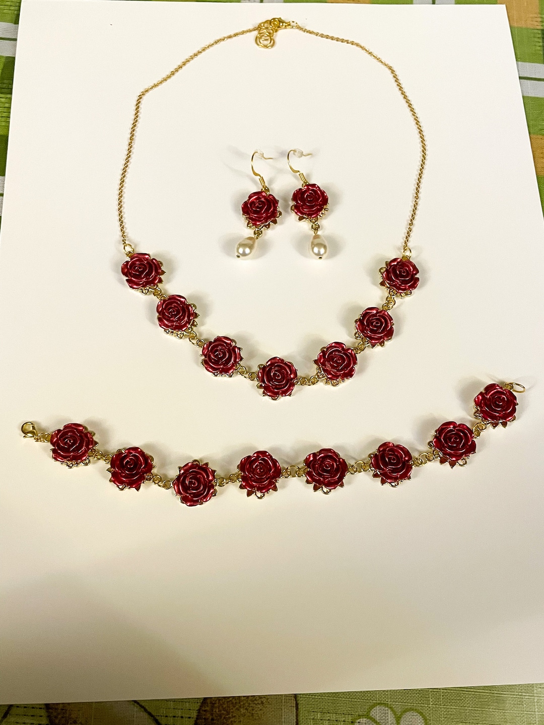 Dark Red Rose Jewelry Set - Etsy