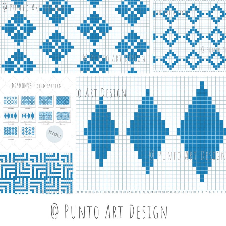 GRID PATTERN 40 CHARTS Diamonds Design Mosaic Crochet Pattern C2C ...