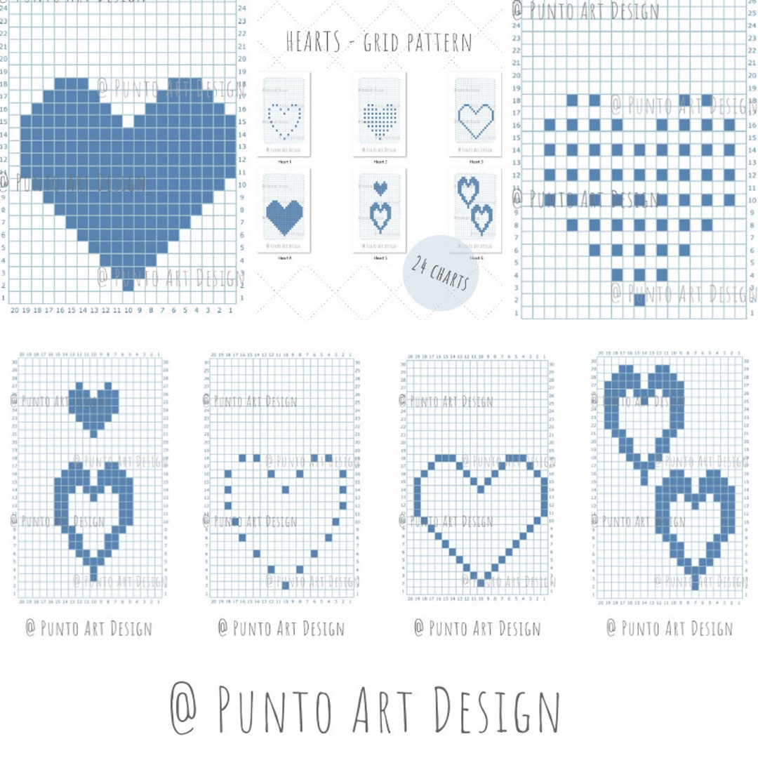 GRID PATTERN 24 CHARTS Heart Design Mosaic Crochet Pattern C2C Graphgan ...