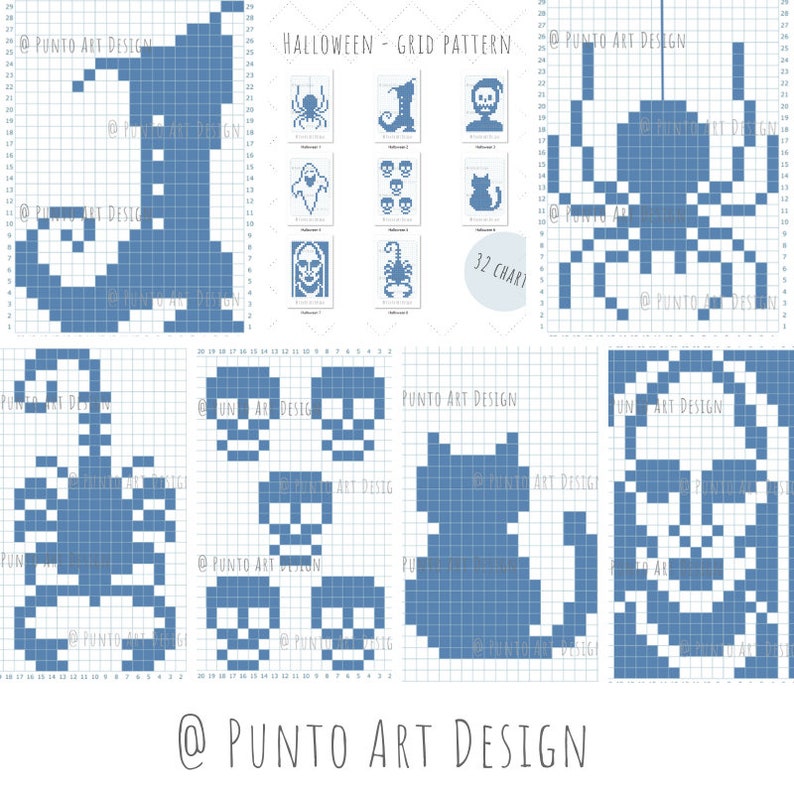 GRID PATTERN 32 CHARTS Halloween Design Mosaic Crochet Pattern C2C Graphgan Graph Paper for ...